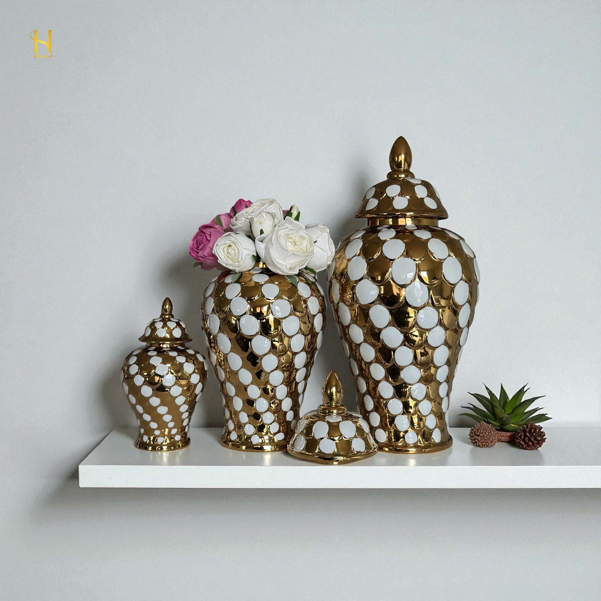 White Gold Polka Dots Ginger Jar, Luxury Ceramic Decorative Jar with ...